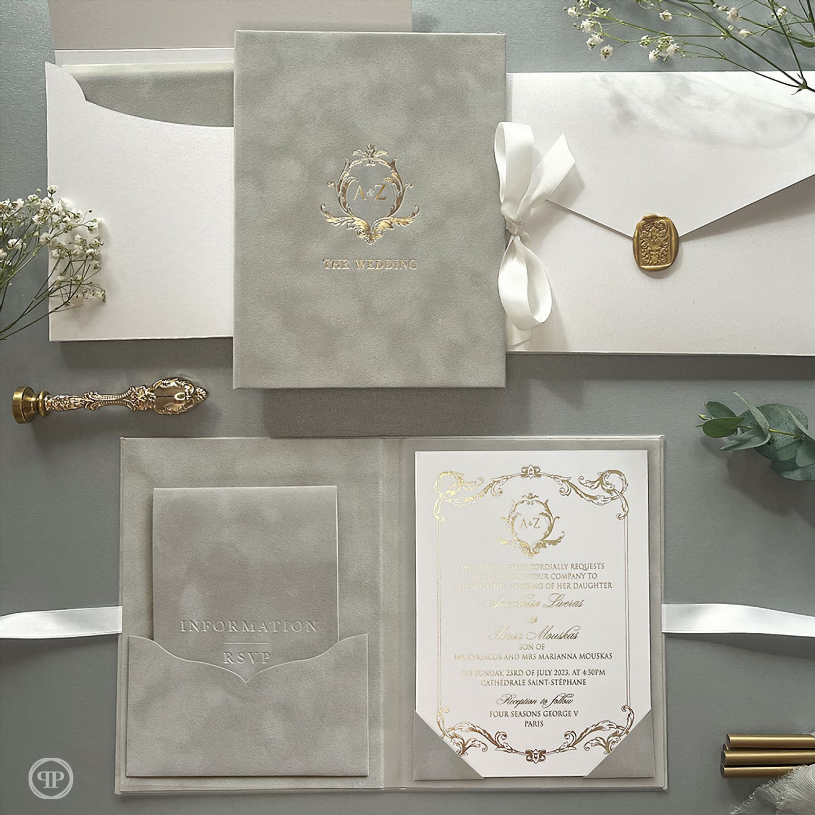 Sample of Grey Velvet Folio Wedding Invitations | Hardcover Wedding ...