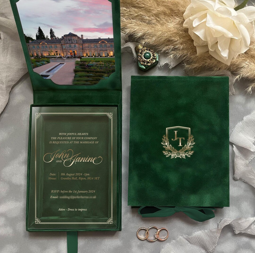 Green Velvet Boxed Wedding Invitation: Gold Foil Monogram, Acrylic ...