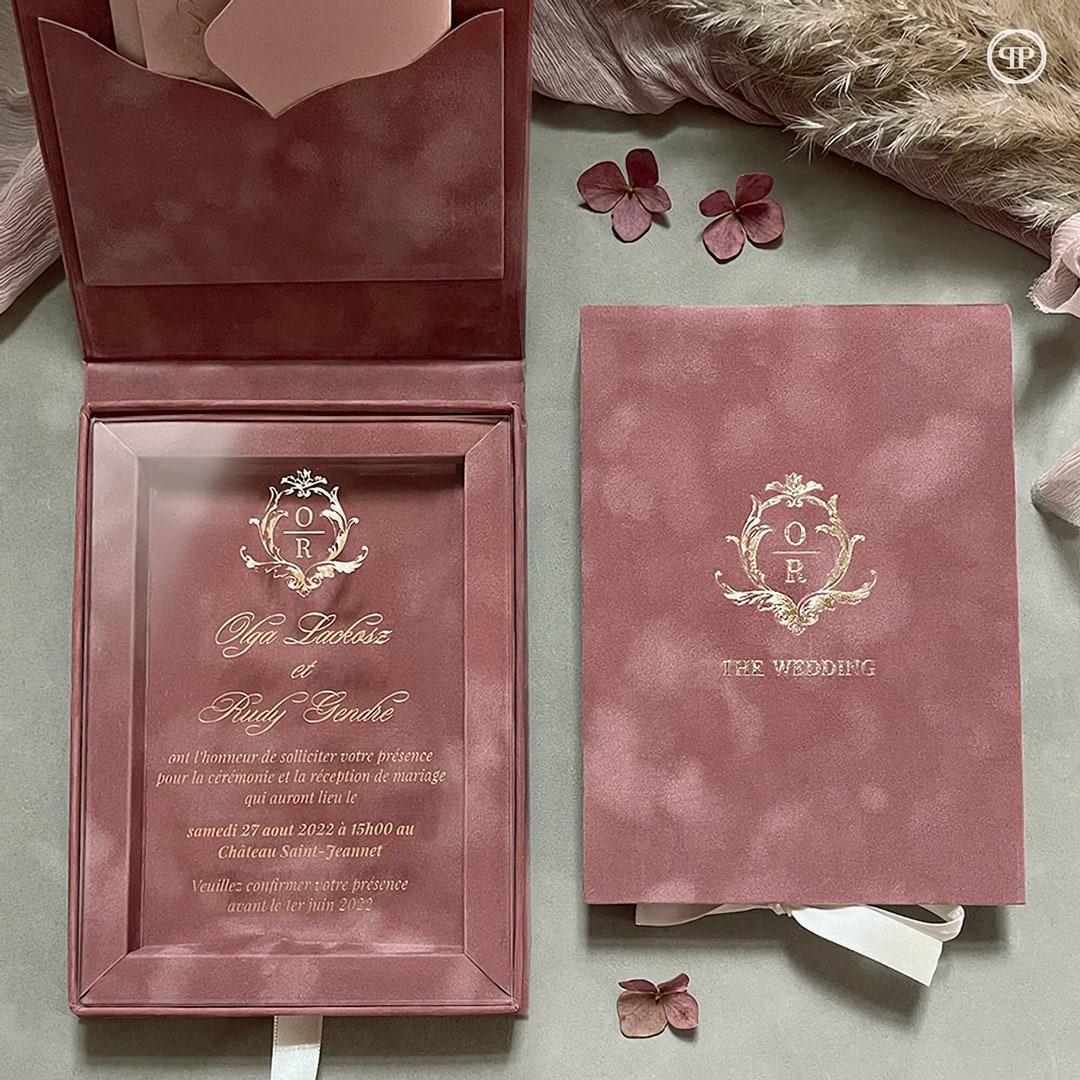 Dusty Pink Velvet Boxed Wedding Invitation: Gold Foil Acrylic Invite - Etsy