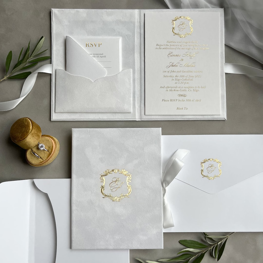 White Velvet Wedding Invitation Sample: Gold Monogram Folio - Etsy