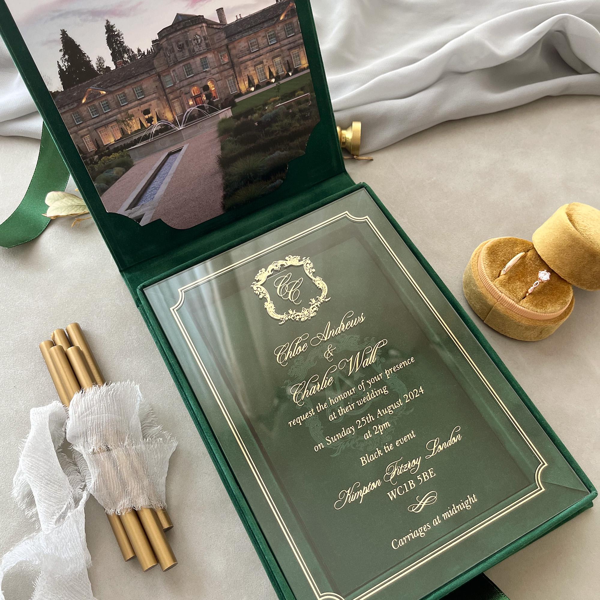 Green Velvet Boxed Wedding Invitation: Gold Foil Monogram, Acrylic ...