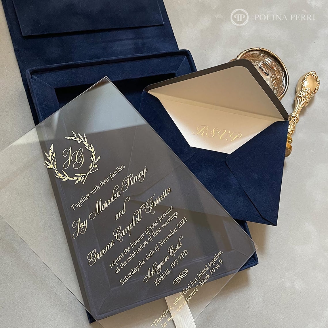 Navy Velvet Boxed Wedding Invitation: Gold Foil, Acrylic Card - Etsy