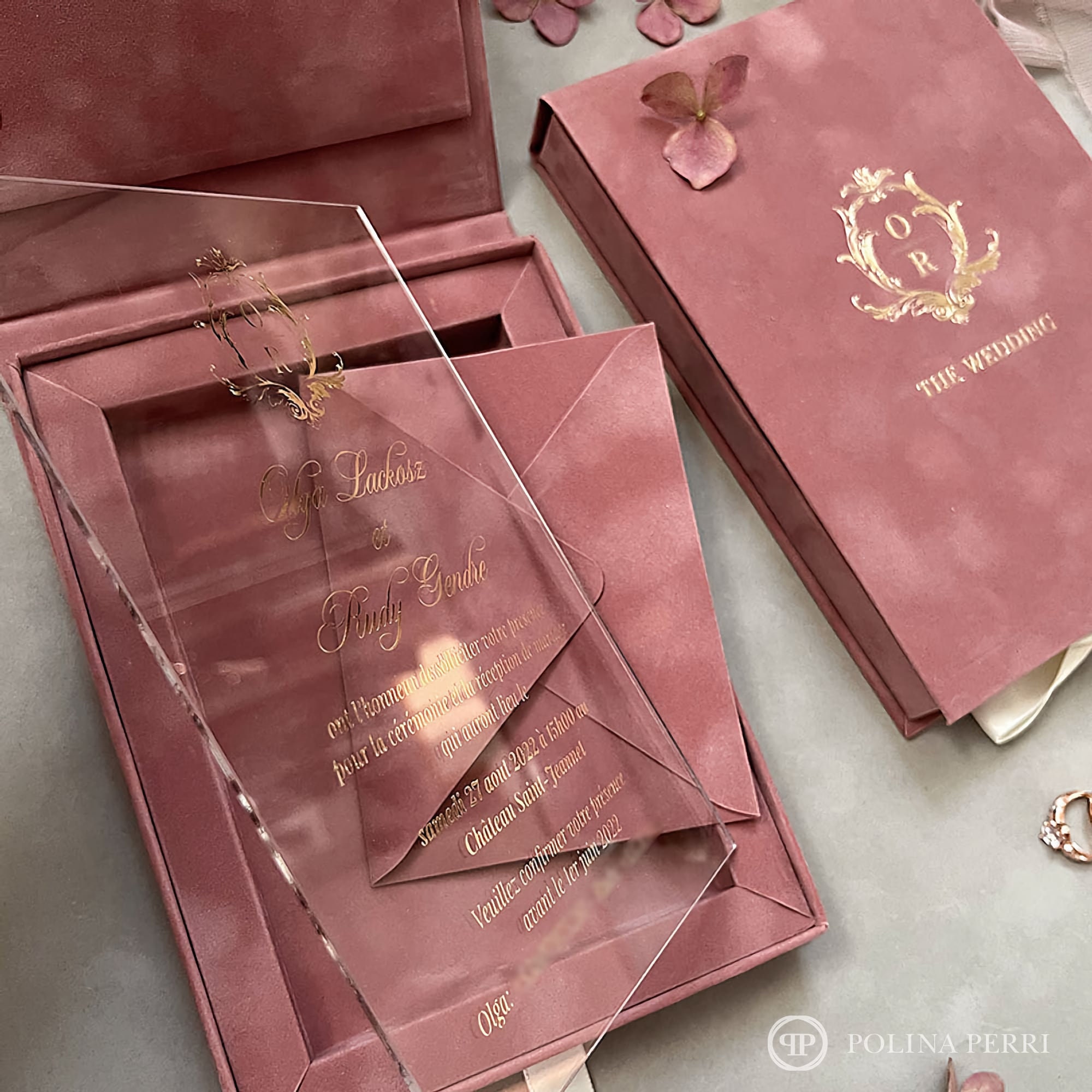 Dusty Pink Velvet Boxed Wedding Invitation: Gold Foil Acrylic Invite - Etsy