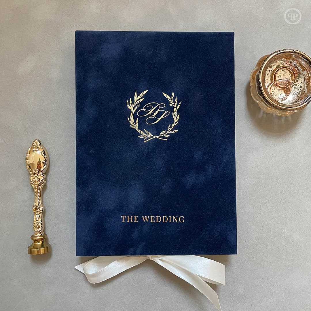 Navy Velvet Boxed Wedding Invitation: Gold Foil, Acrylic Card - Etsy