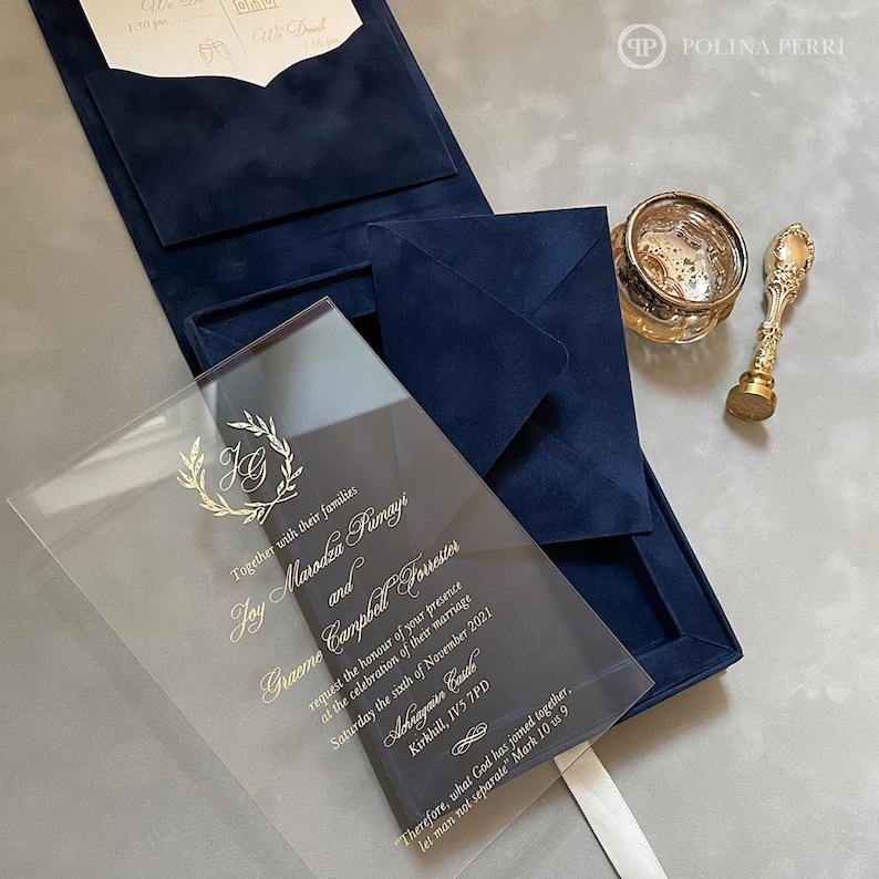 Navy Velvet Boxed Wedding Invitation: Gold Foil, Acrylic Card - Etsy