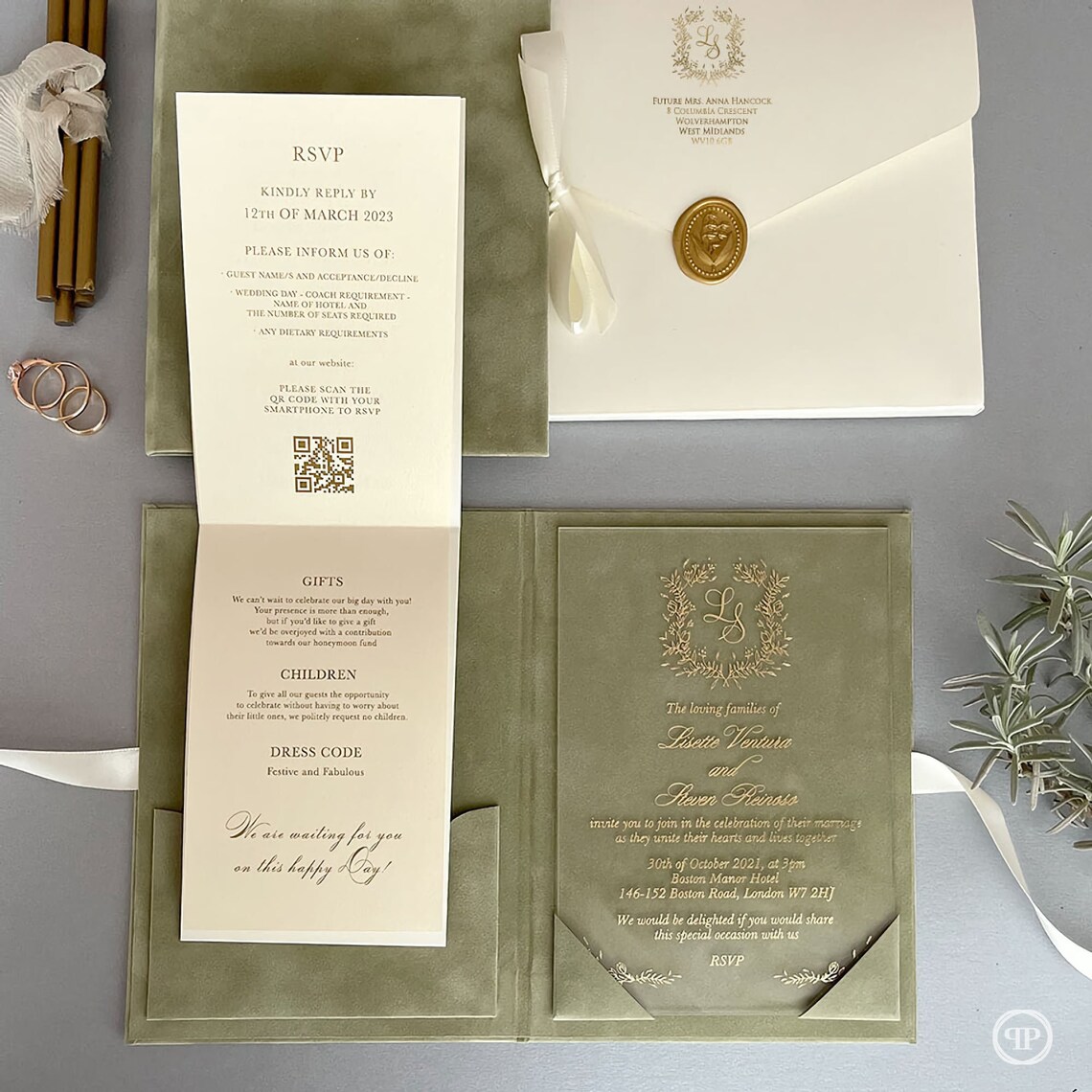 Sage Green Folio Pocket-folded Invitations Velvet Hardcover Wedding ...