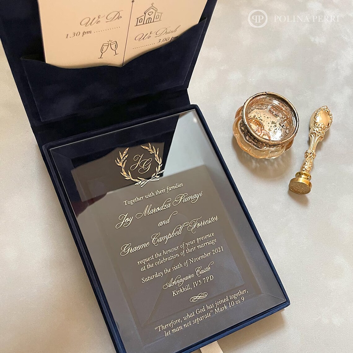 Navy Velvet Boxed Wedding Invitation: Gold Foil, Acrylic Card - Etsy