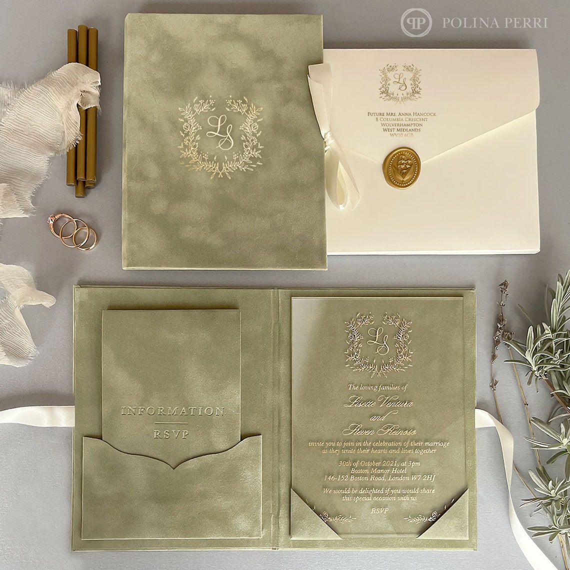 Sage Green Folio Pocket-folded Invitations Velvet Hardcover Wedding ...