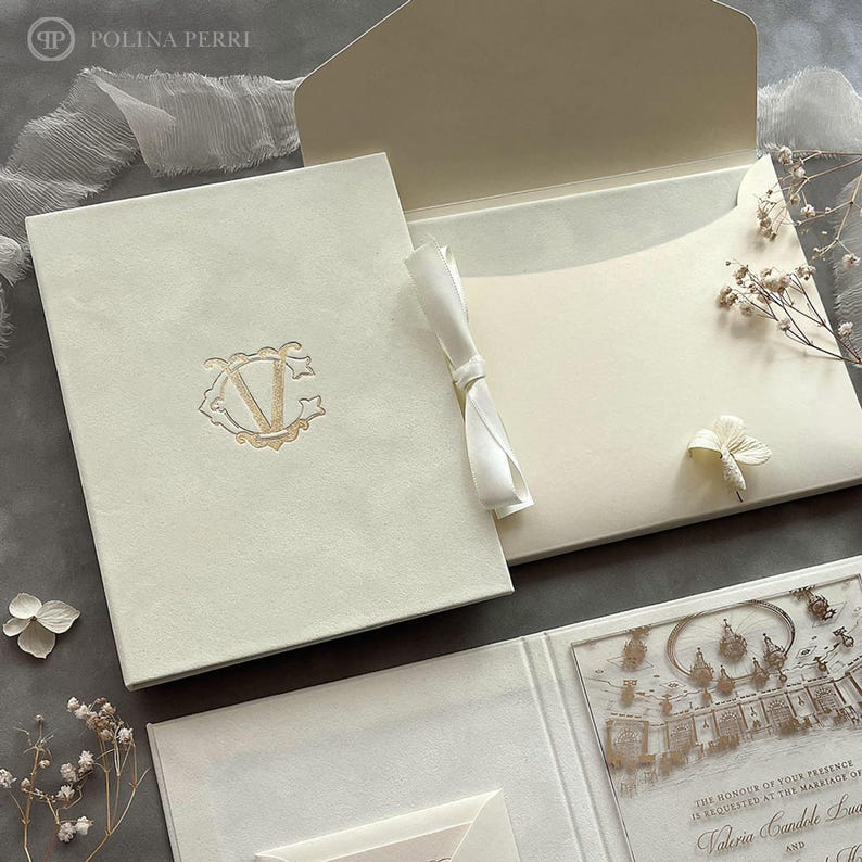 Cream Luxury Folio Wedding Invitations Velvet Hardcover Wedding ...