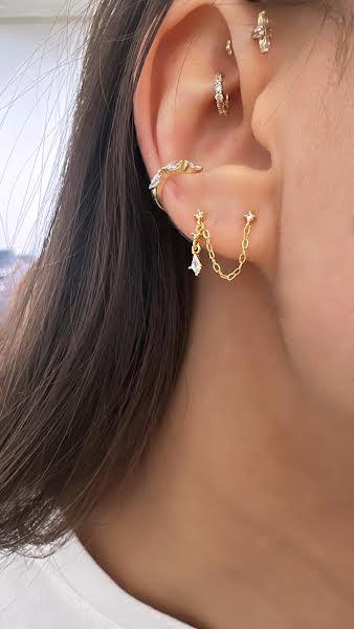 Double Stud Chain Earrings With Dangling CZ, 925 Solis Silver, Double ...