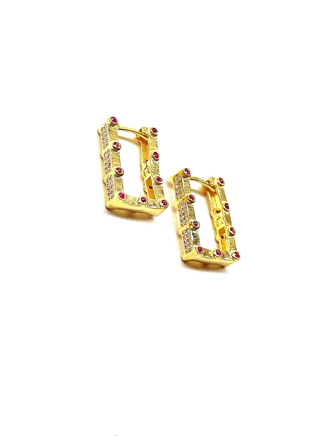 Cz Rectangle Hoop Earrings, Ruby Cz Geometric Earrings, 925 Solid ...