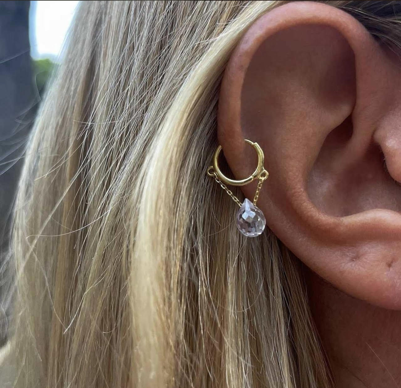 Mini Bezel CZ Dangling Hoop Earrings, Teardrop Crystal Dangling Chain ...