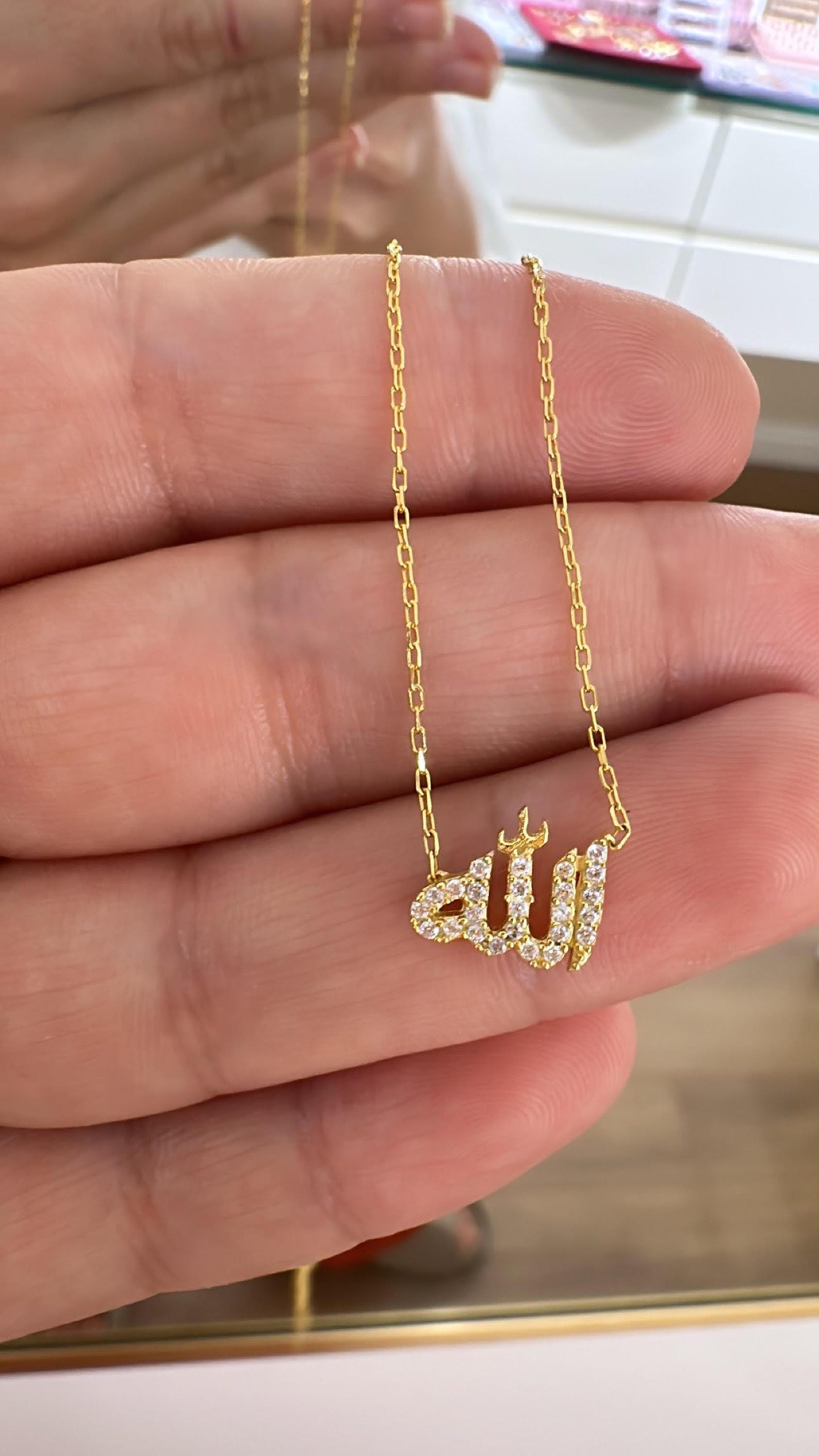 Micro Allah Written Pendant Necklace, Mini CZ Pave Arabic Necklace, 925 ...