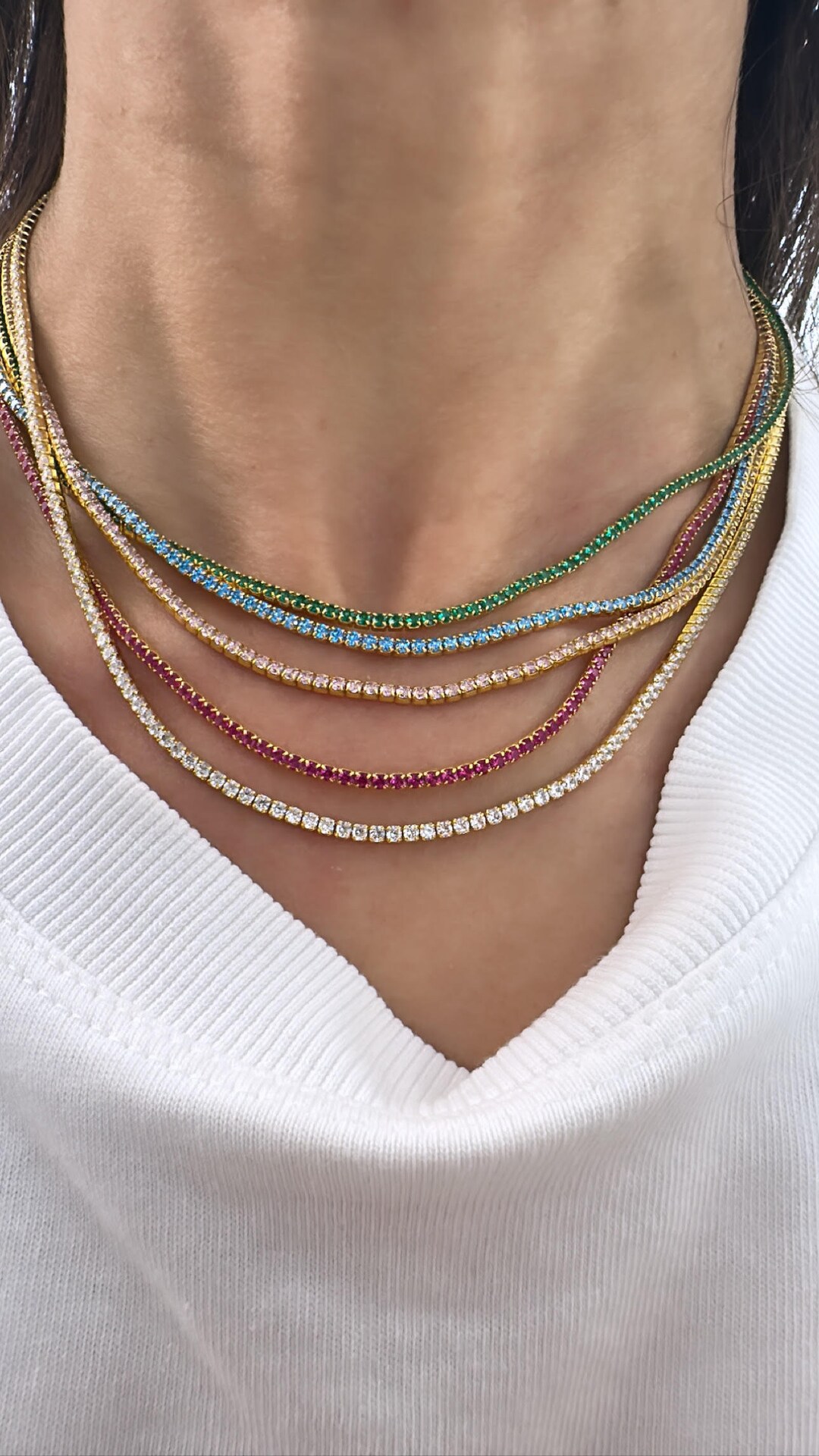 Emerald Tennis Link Chain Necklace, Fuchsia Cz Necklace, Layering Chain ...