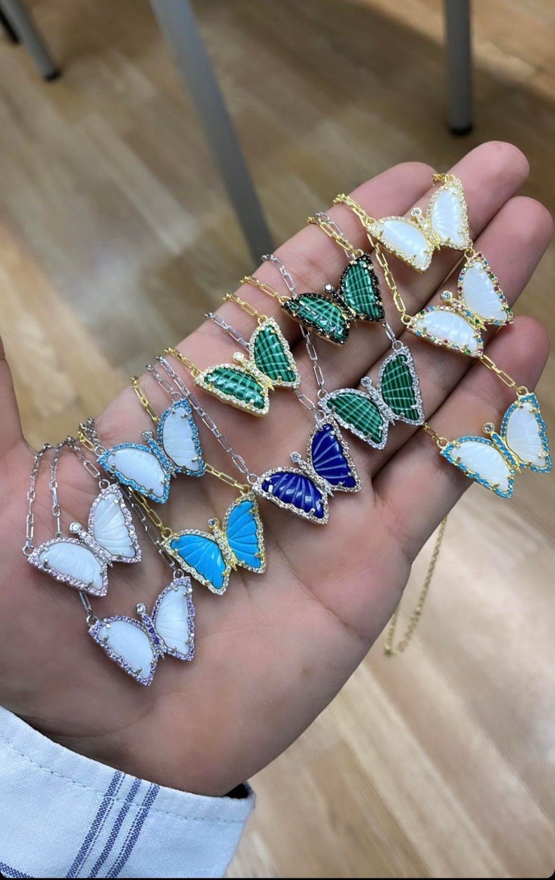 Lapis Butterfly Link Chain Necklace, Malachite Butterfly Pendant ...