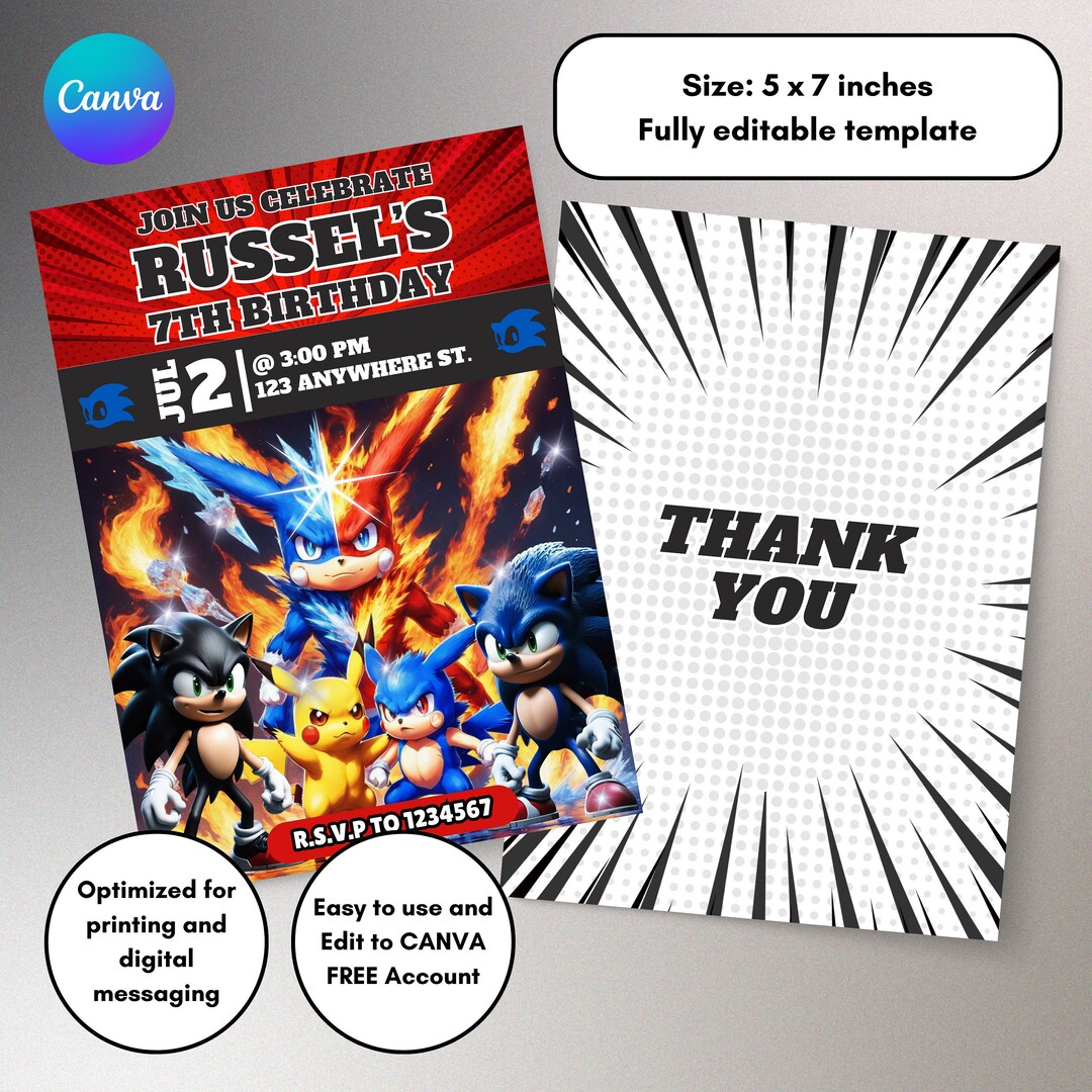 Sonic Birthday Template Birthday Party Sonic Theme Fully Editable ...