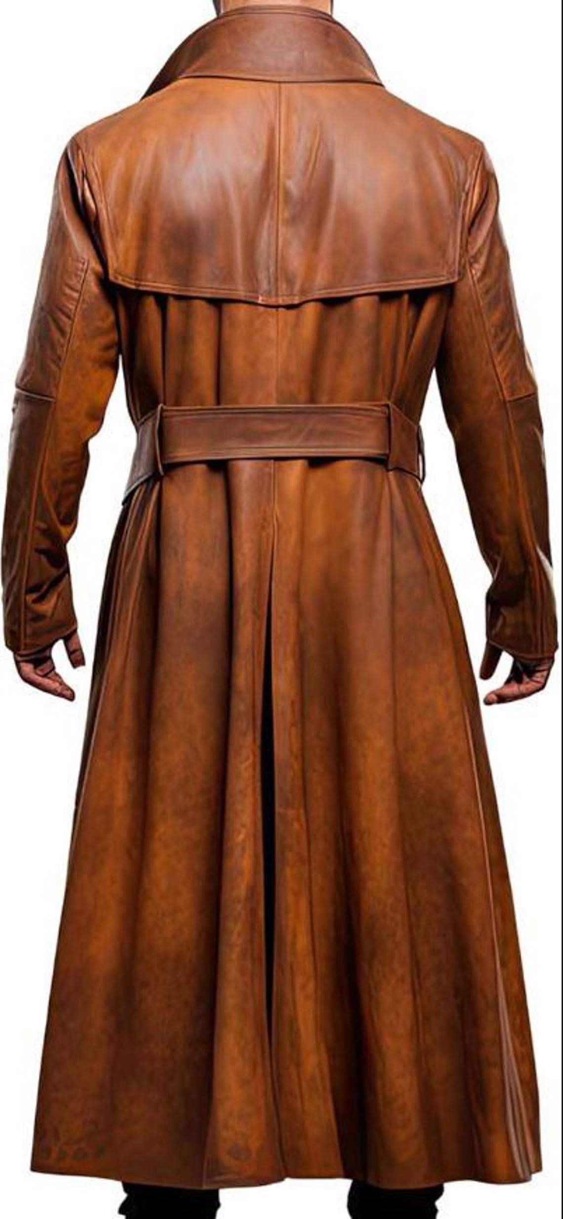 Mens Distressed Faux Leather Coat Peanut Brown Genuine Sheepskin Long ...