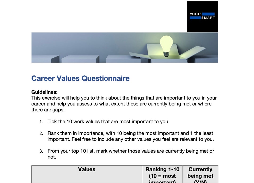 Career Values Questionnaire for Cvs/resumes & Cover Letters / 2 Page ...
