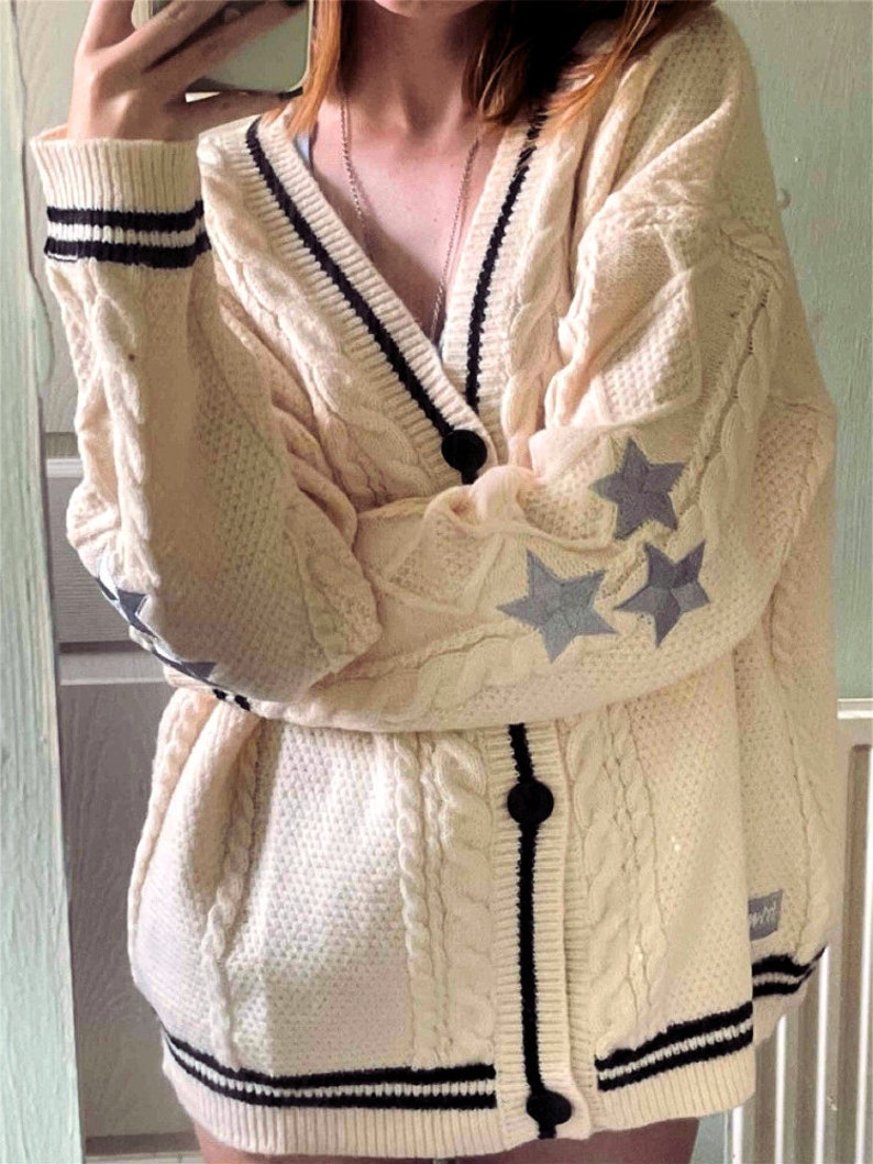 Handcrafted Oversized Cardigan With Star Embroidery Cozy Winter Wear ...