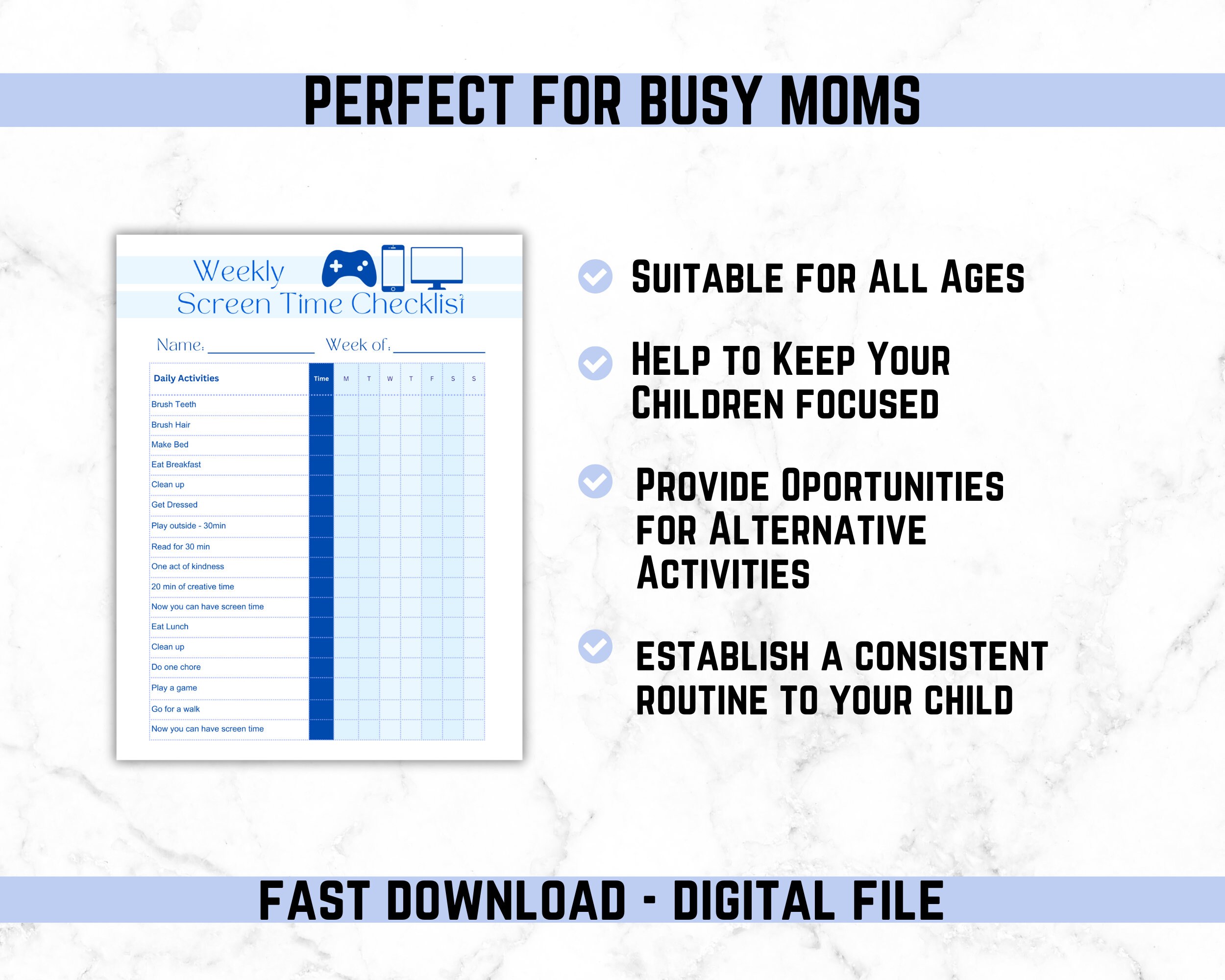 Printable Weekly Screen Time Checklist Summer Activities Ideas Screen ...