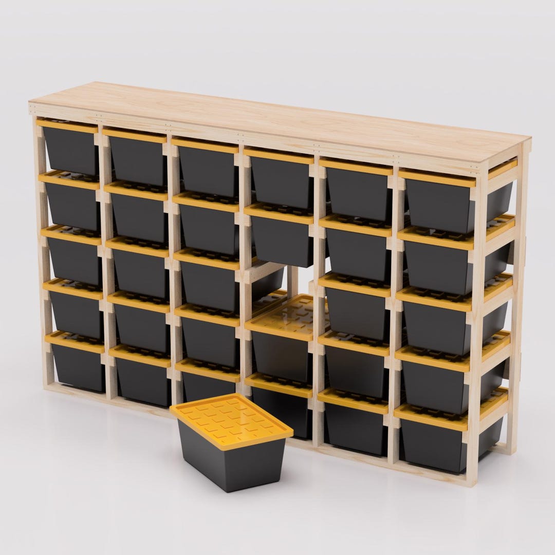 27 Gallon Tote Storage Rack Plans PDF. Holds 30 Bins (6x5) With Shelf ...