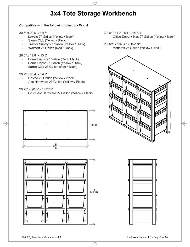 27 Gallon Tote Storage Rack Plans PDF. Holds 12 Bins (3x4) With Shelf ...