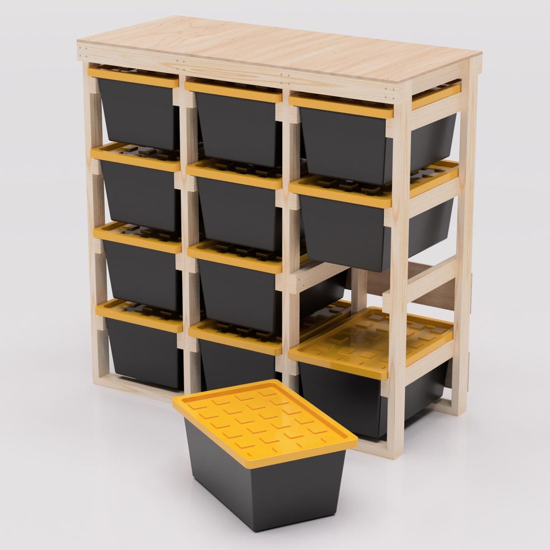 27 Gallon Tote Storage Rack Plans PDF. Holds 12 Bins (3x4) With Shelf ...