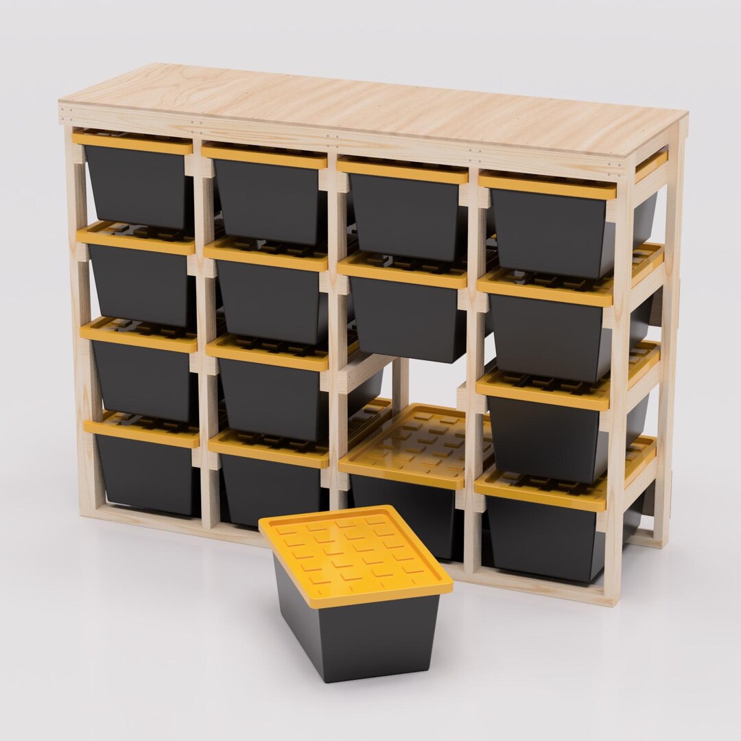 27 Gallon Tote Storage Rack Plans PDF. Holds 16 Bins (4x4) With Shelf ...