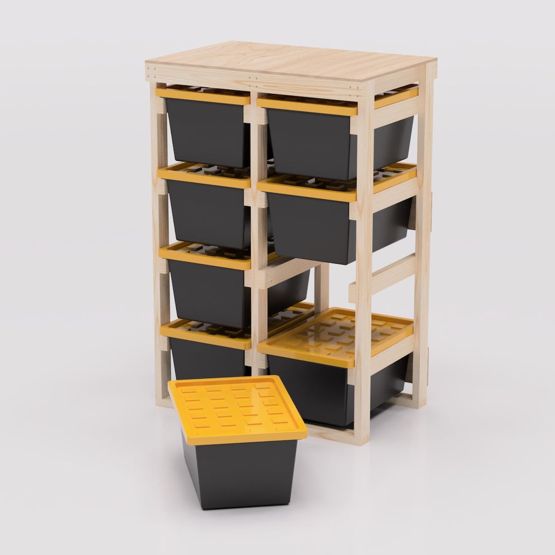 27 Gallon Tote Storage Rack Plans PDF. Holds 8 Bins (2x4) With Shelf on ...