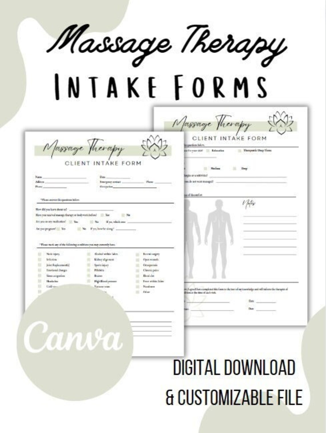 Massage Therapy Intake Form, Massage Therapy Consent Form, Canva ...