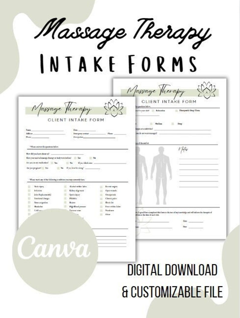 Massage Therapy Intake Form, Massage Therapy Consent Form, Canva ...