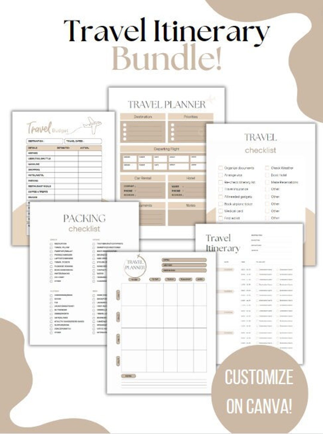 Customizable Travel Itinerary Template Bundle, Customizable on Canva - Etsy