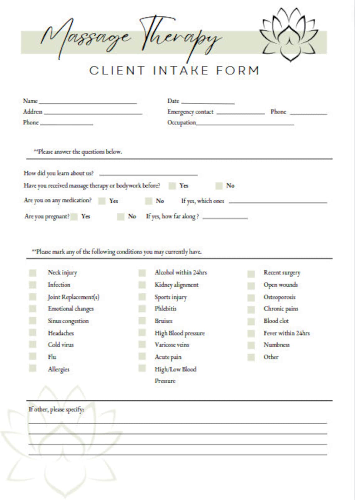 Massage Therapy Intake Form, Massage Therapy Consent Form, Canva ...