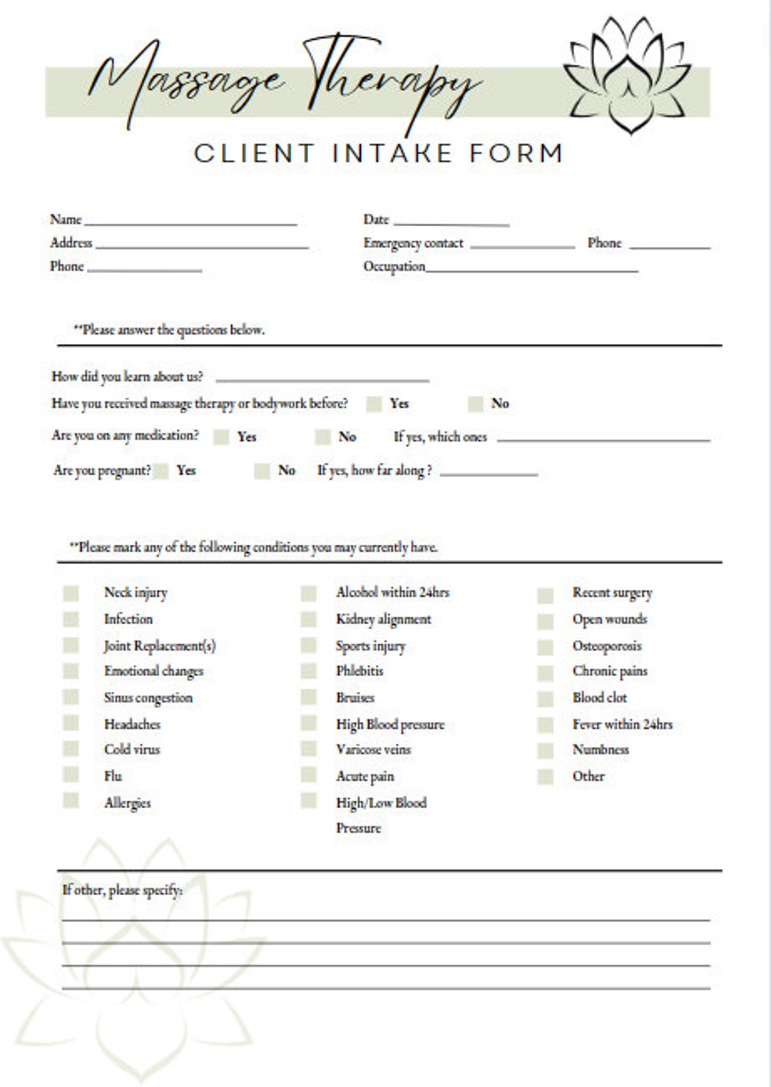 Massage Therapy Intake Form, Massage Therapy Consent Form, Canva ...