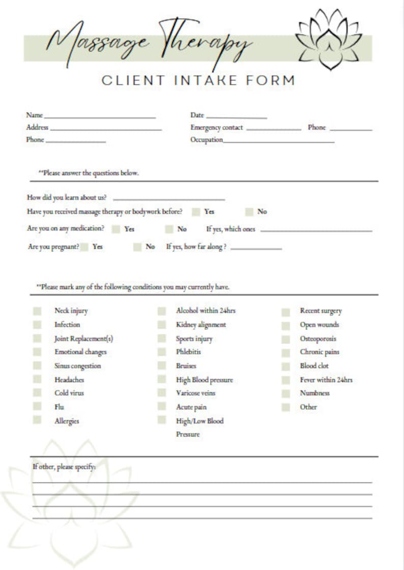 Massage Therapy Intake Form, Massage Therapy Consent Form, Canva ...