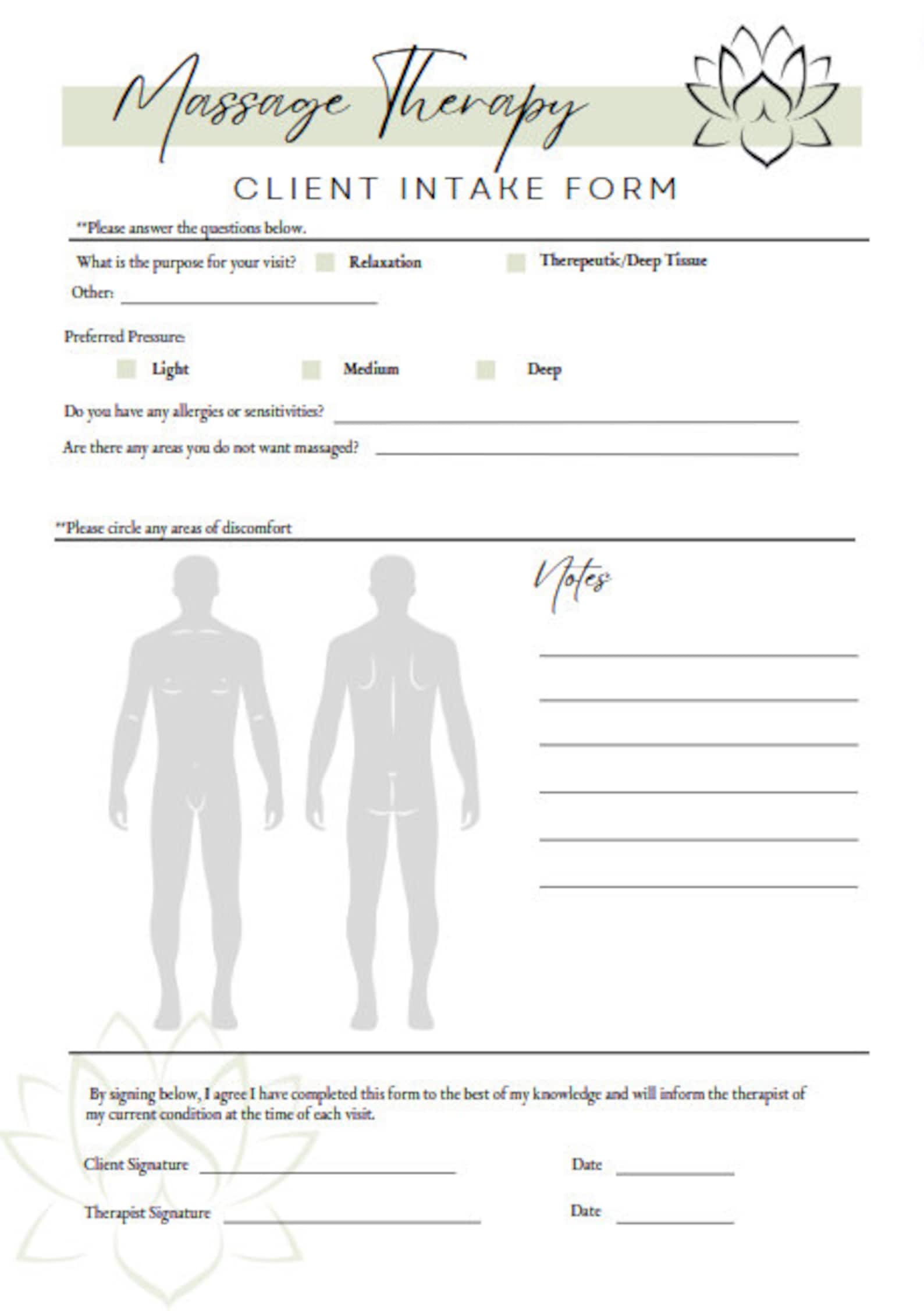 Massage Therapy Intake Form, Massage Therapy Consent Form, Canva ...