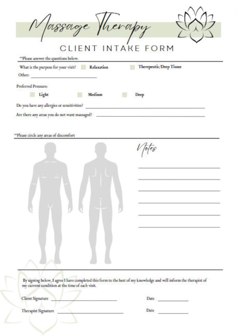 Massage Therapy Intake Form, Massage Therapy Consent Form, Canva ...