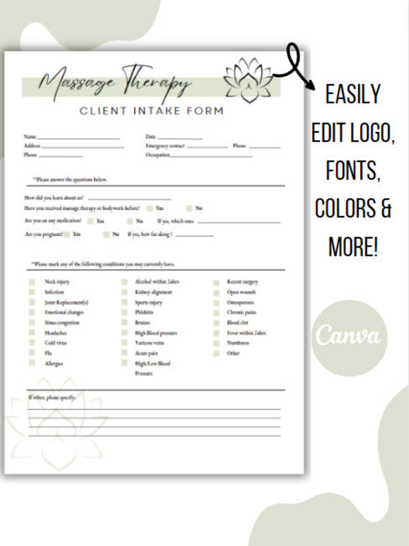 Massage Therapy Intake Form, Massage Therapy Consent Form, Canva Template PDF - Etsy
