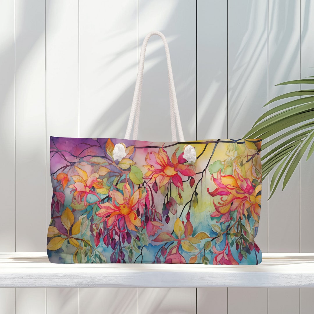 Modern Floral Tote Bag, Beach Bag, Fuchsia Flower Bag, Travel Carrier ...