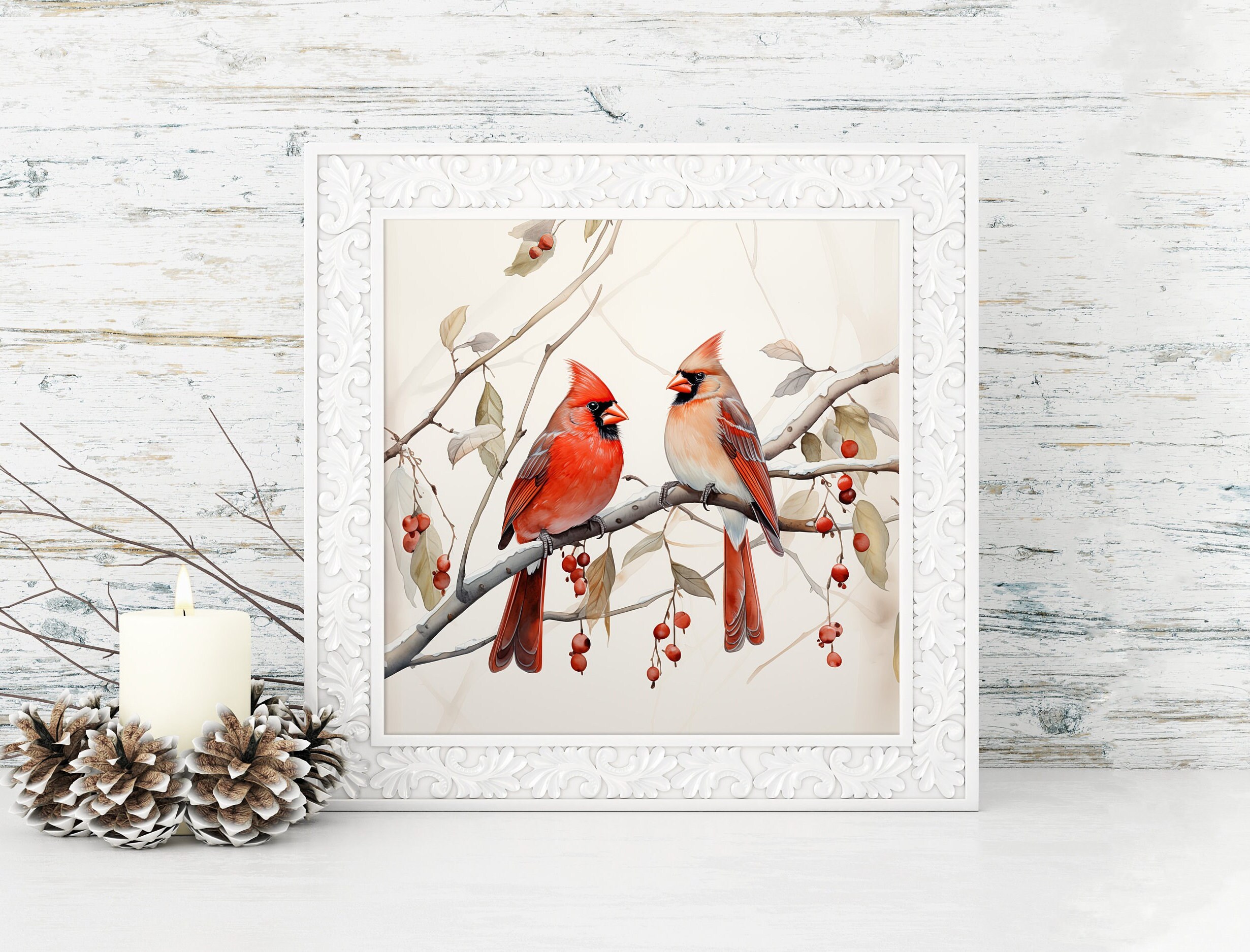 Cardinal Art Print, Male Cardinal Female Cardinal, Cardinals Perched on ...