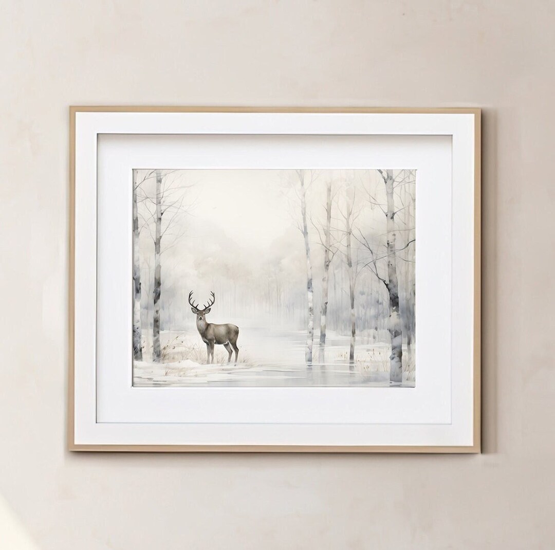 Buck Art Print, Deer Landscape Art Print, Winter Deer Scene Art Print ...