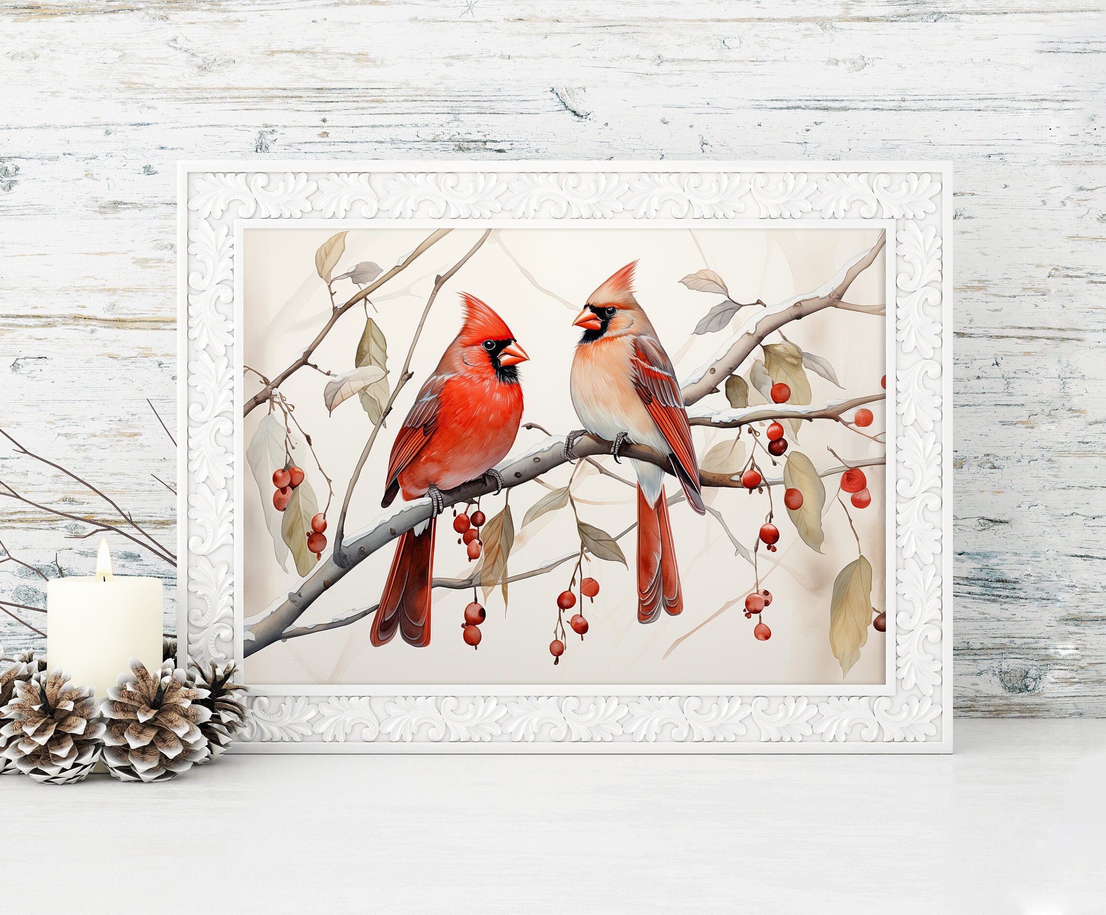 Cardinal Art Print, Male Cardinal Female Cardinal, Cardinals Perched on ...