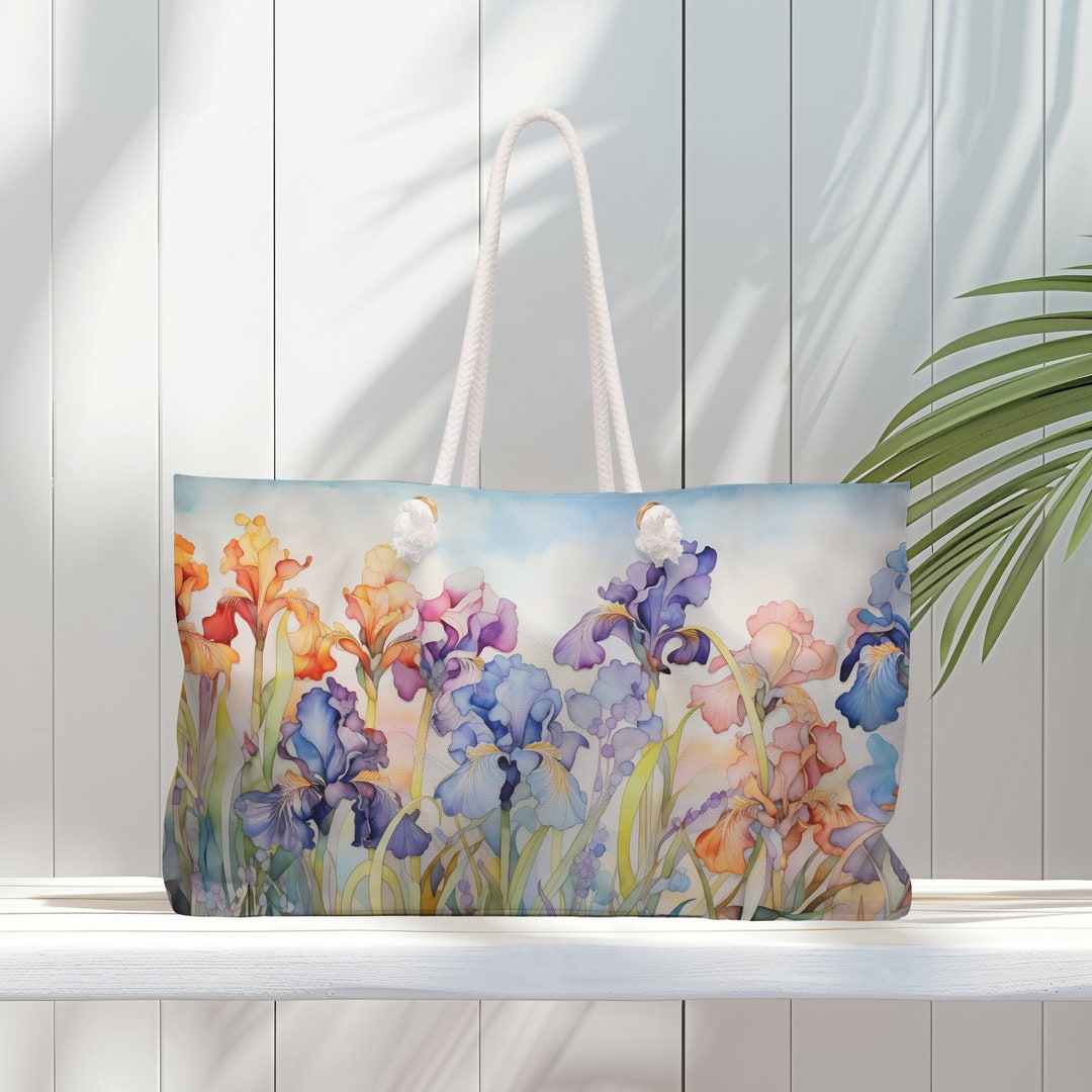 Floral Tote Bag, Irises on Large Bag, Travel Tote, Beach Bag, Weekender ...