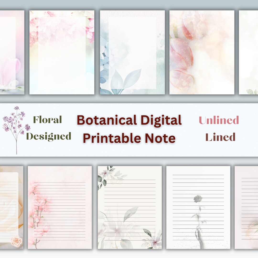 Notebook Paper, Botanical Printable Note Set, Printable Stationery Set ...