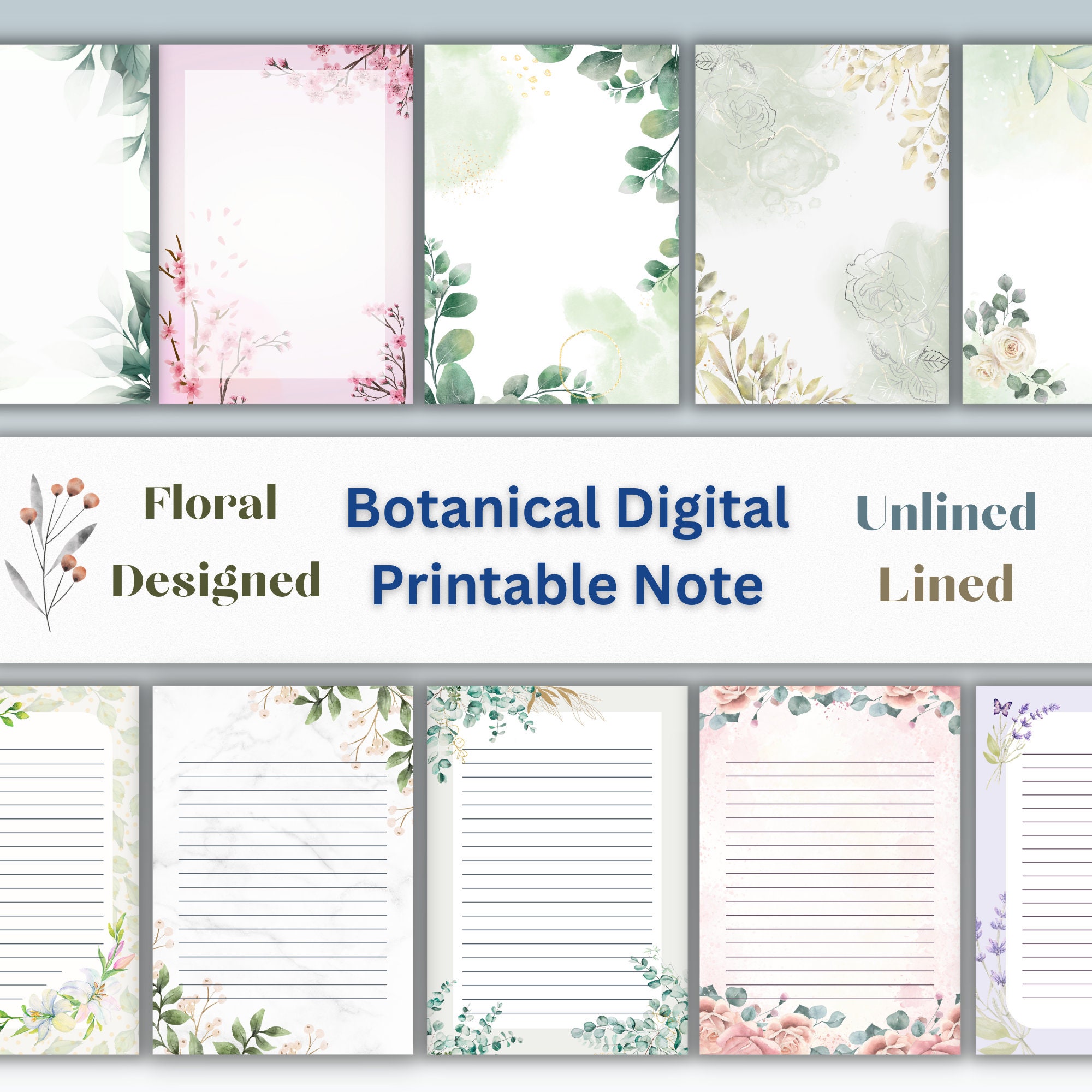 Botanical Printable Note Bundle, Flower Printable Stationery, Digital ...