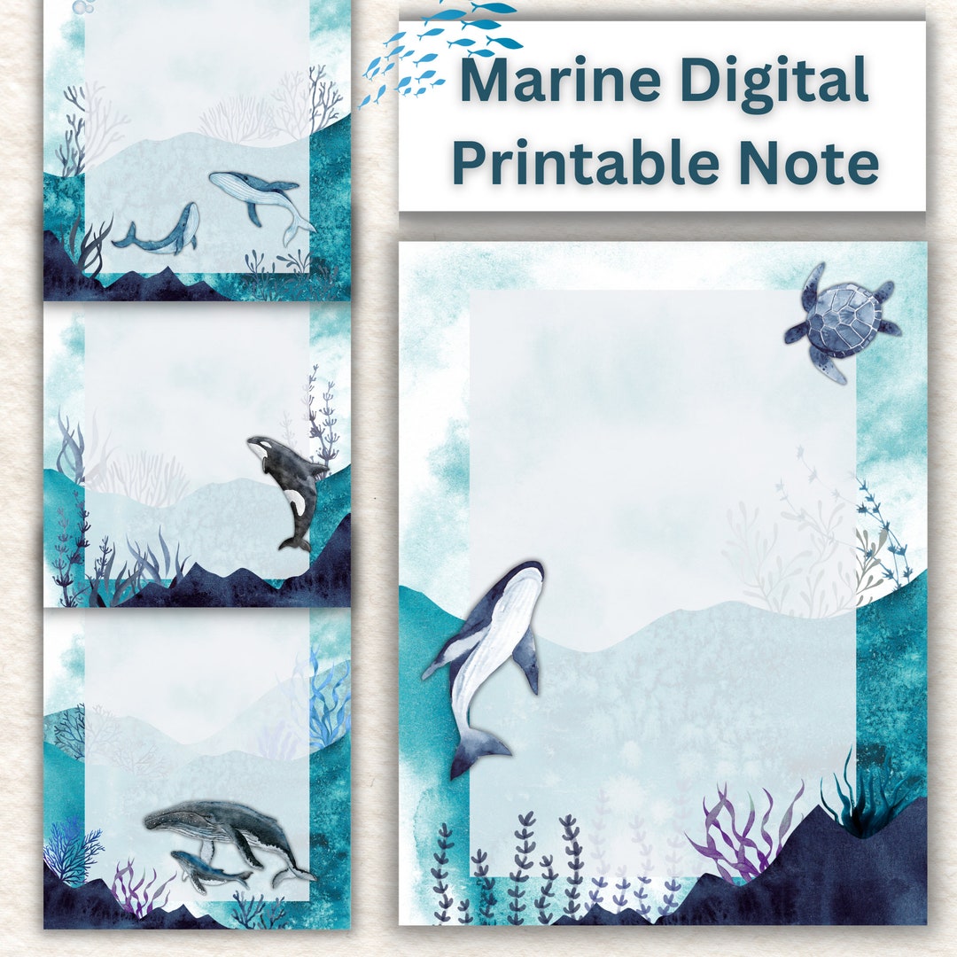 Marine Printable Note Bundle, Whale Printable Stationery, Digital Note ...