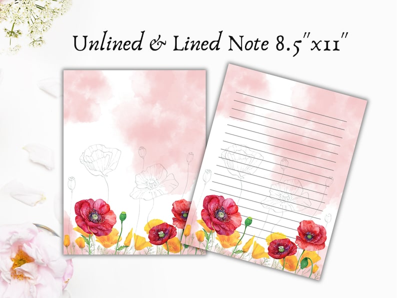 Botanical Printable Note Set, Flower Printable Stationery, Digital Note ...