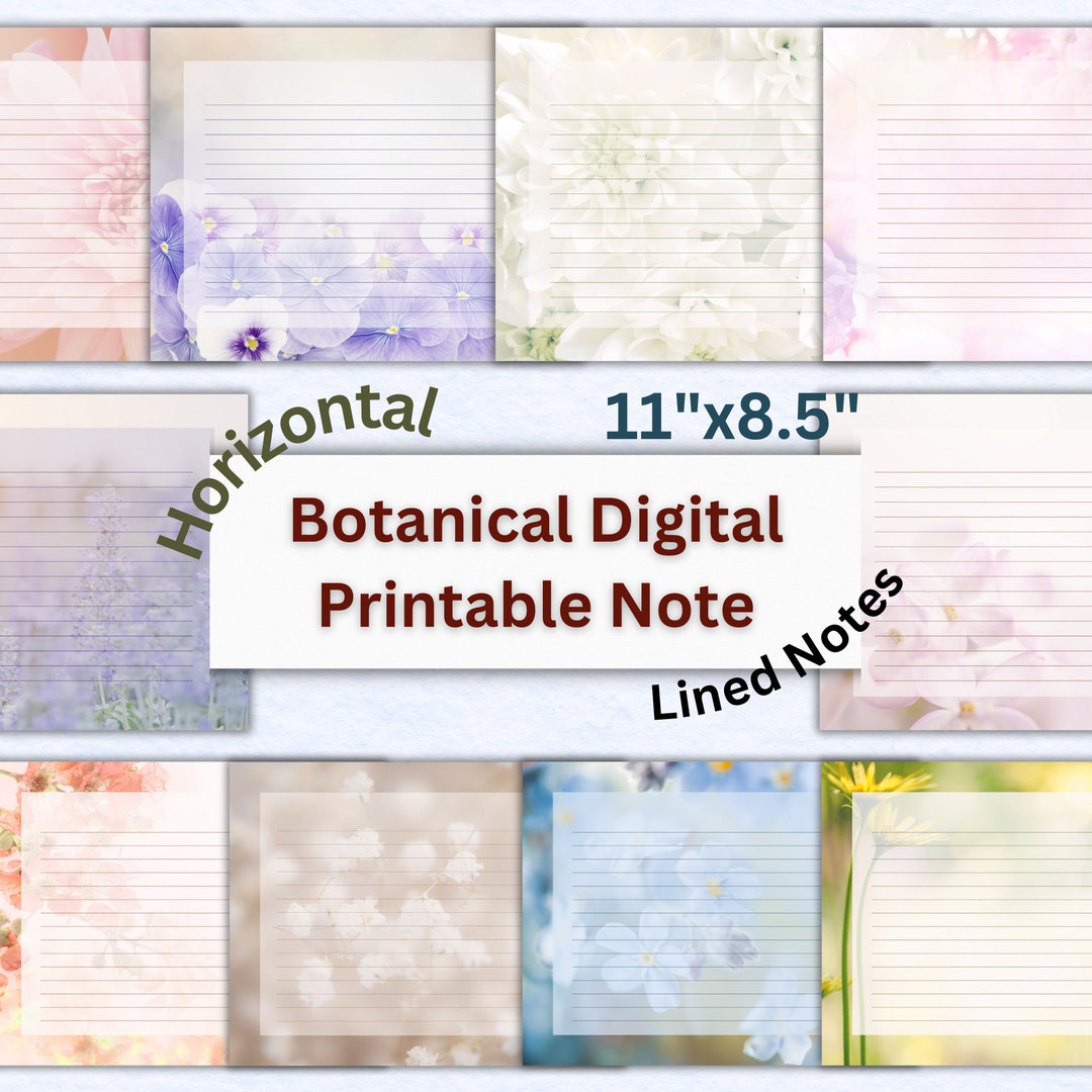 Notebook Paper, Botanical Printable Note Set, Printable Stationery Set ...