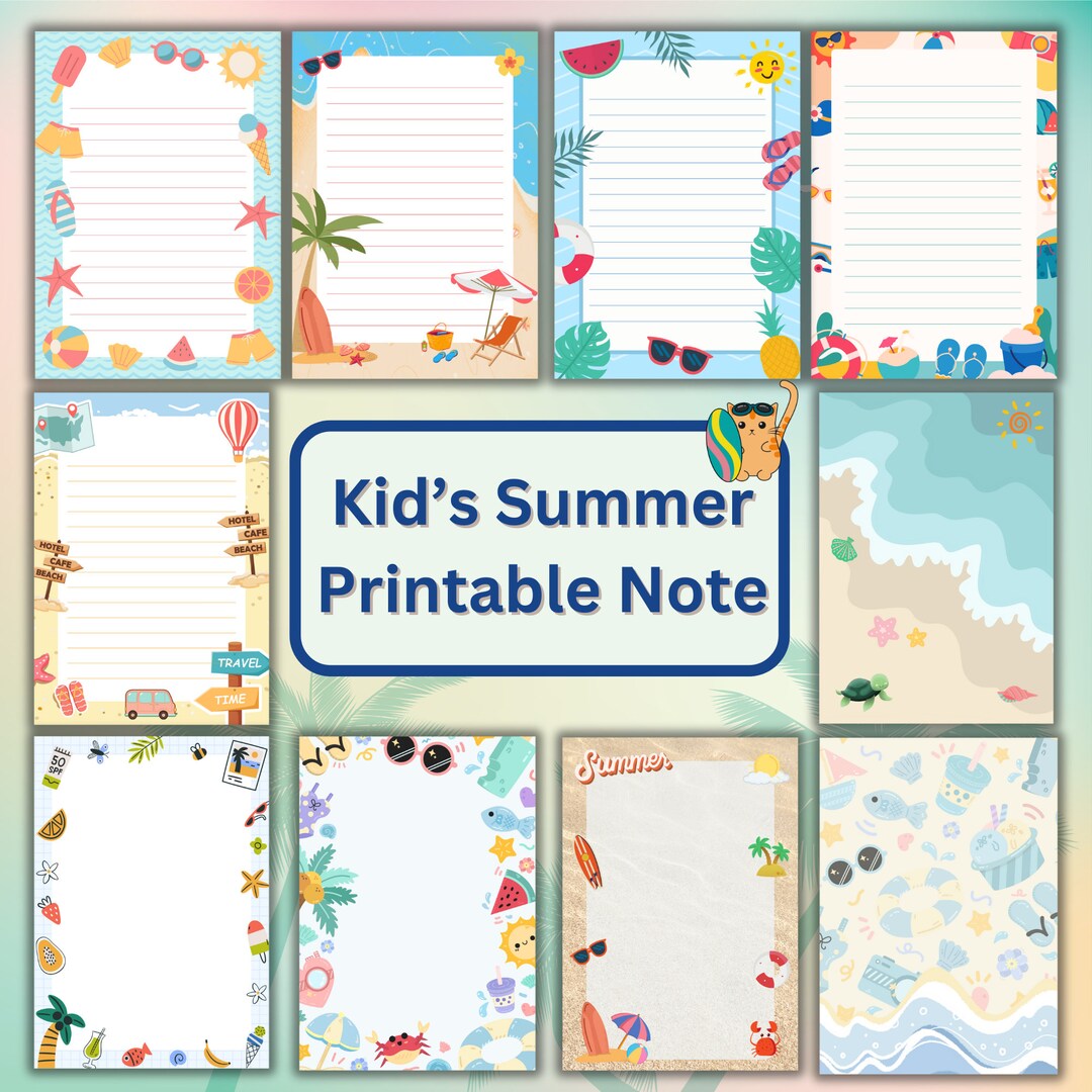 Kid's Summer Printable Note Set, Kid Note, Kid Digital Note Paper ...
