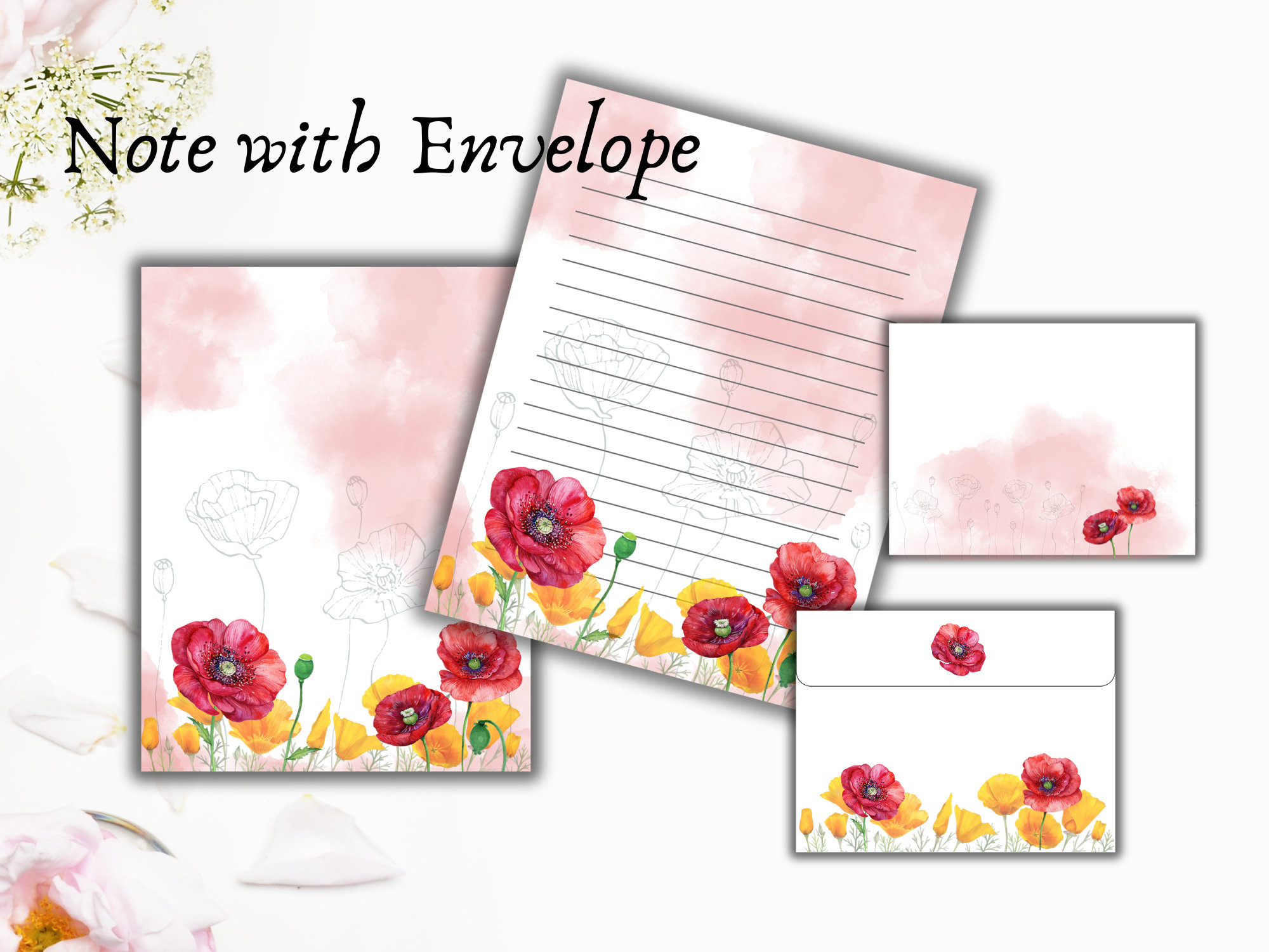 Botanical Printable Note Set, Flower Printable Stationery, Digital Note ...